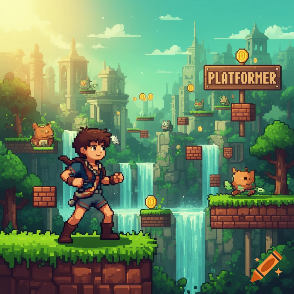 Pixel art platformer game scene with a character, platforms, coins ...