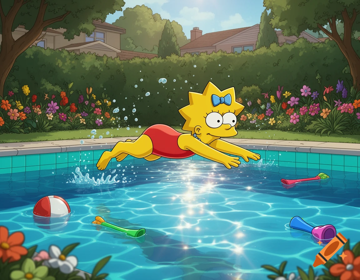 Cartoon Lisa Simpson in a red swimsuit diving into a sunny backyard ...