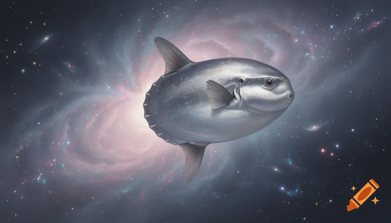 A large, silvery sunfish swims in the center of a swirling galaxy ...