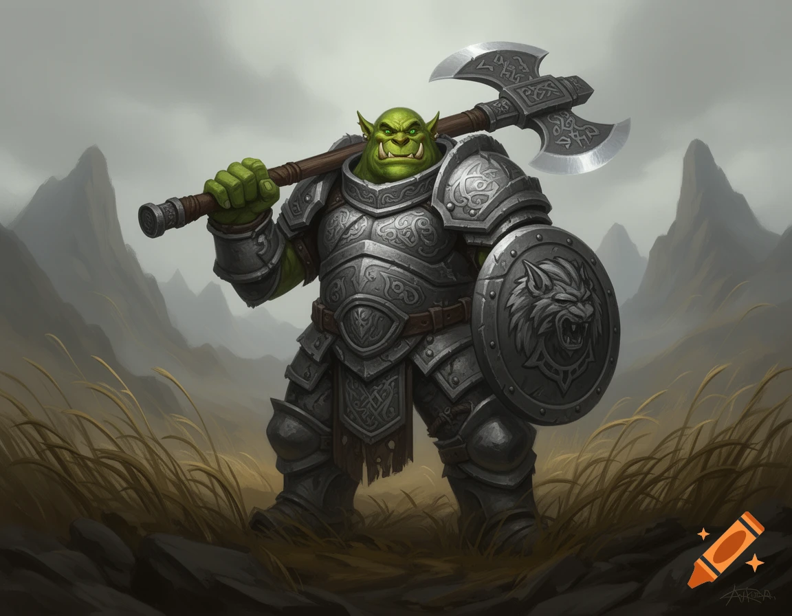 A green-skinned orc warrior in ornate full plate armor, holding a large ...