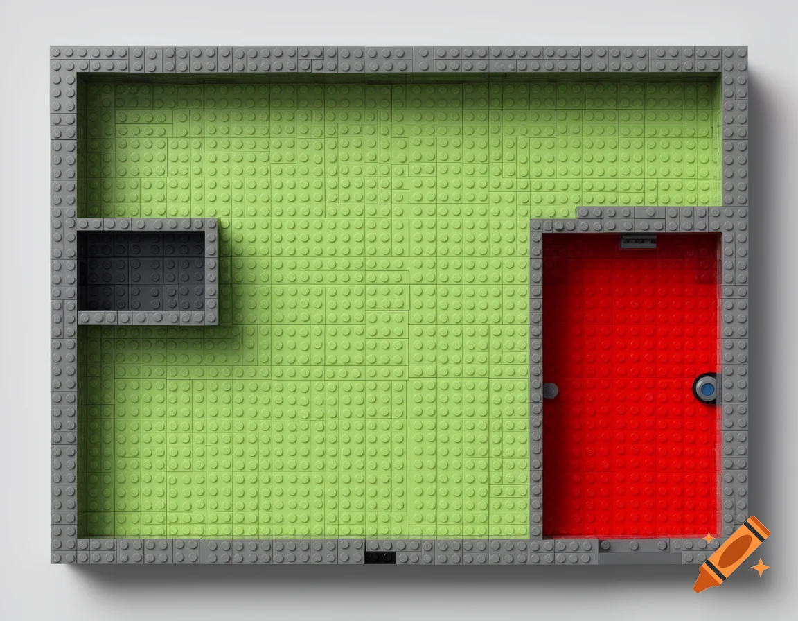 Top-down view of a LEGO house floor plan with a large light green room ...