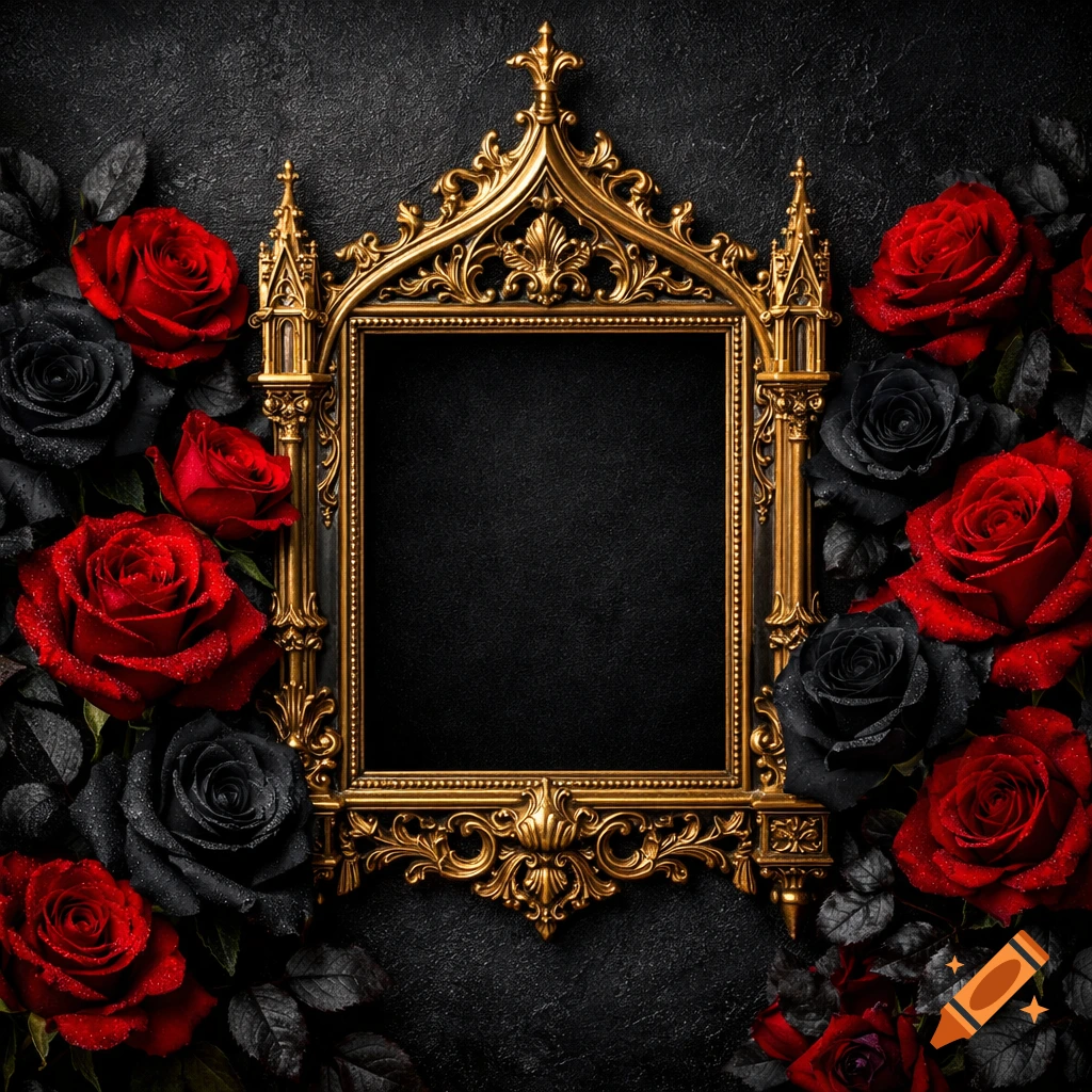A highly ornate gold gothic frame on a black textured background ...
