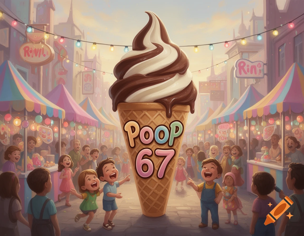 A cartoon illustration of a giant ice cream cone with "POOP 67" in a ...