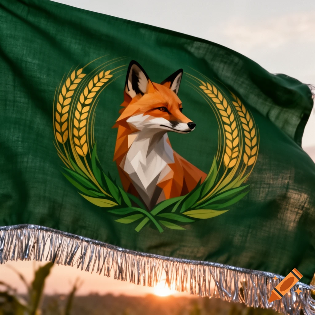 A green flag with a geometric style emblem of a fox head surrounded by ...