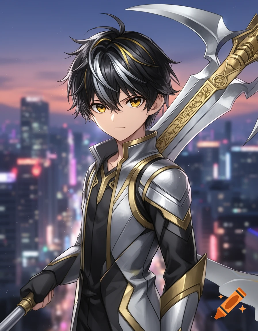 Anime boy with black, silver, and gold hair, golden eyes, in silver and ...