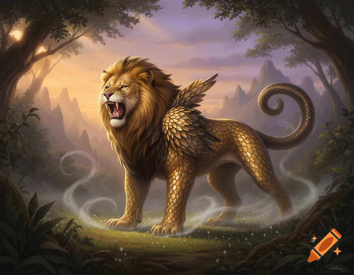 A majestic golden chimera, part lion with scales, small wings, and a ...