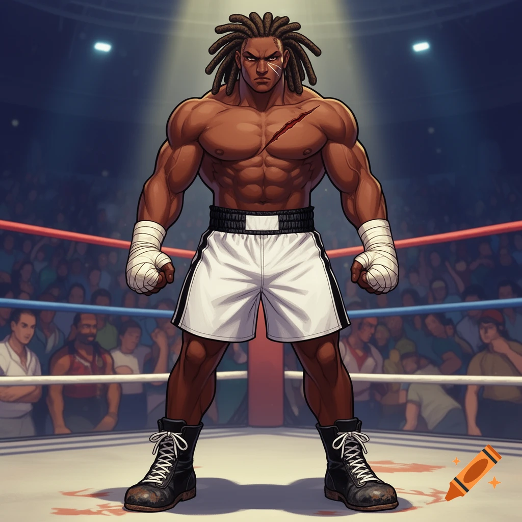Muscular, dark-skinned boxer with dreadlocks, wrapped hands, white ...