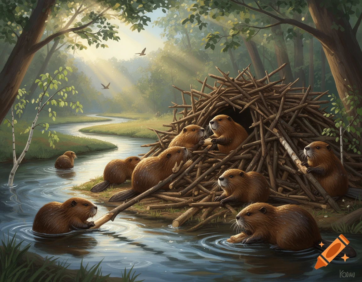 Several beavers work together to build a stick dam in a sun-dappled ...