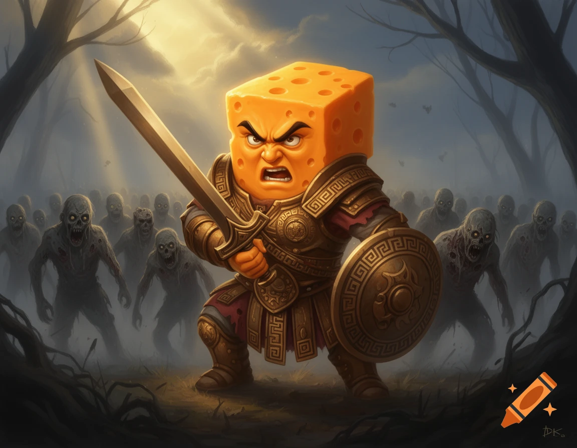 An angry anthropomorphic cheese cube warrior in Greek armor wields a ...