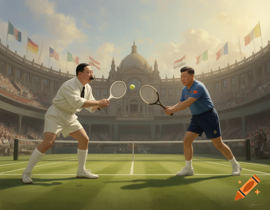 Two men resembling historical figures play tennis on a grass court in a ...