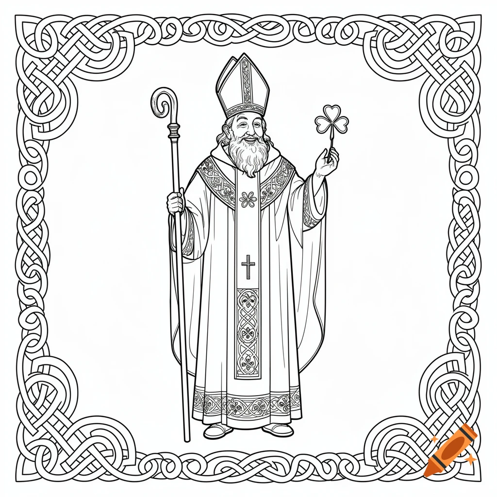 Black and white outline drawing of St. Patrick holding a staff and ...