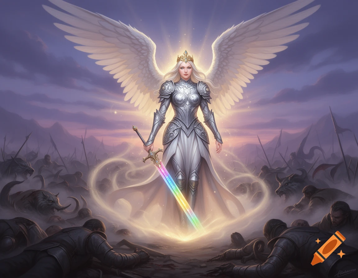 An angelic warrior princess with white wings and a crown stands ...