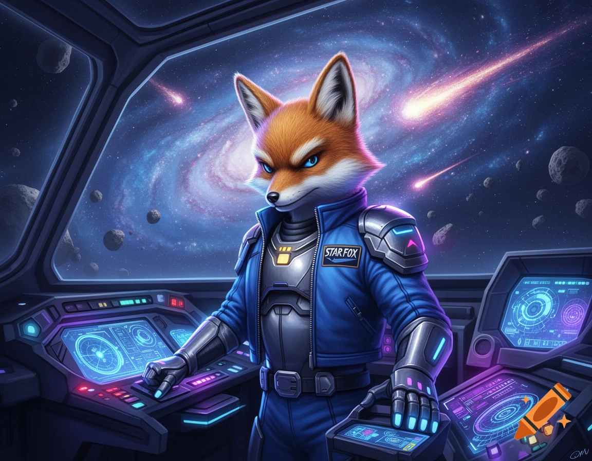 An anthropomorphic fox pilot in a blue uniform stands in a futuristic ...