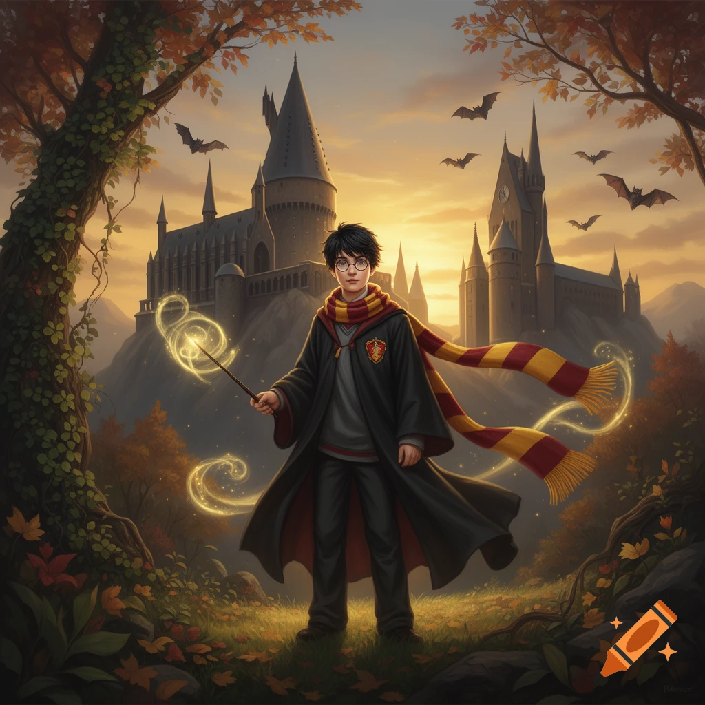 Harry Potter, in a Hogwarts robe and scarf, holds a glowing wand on a ...