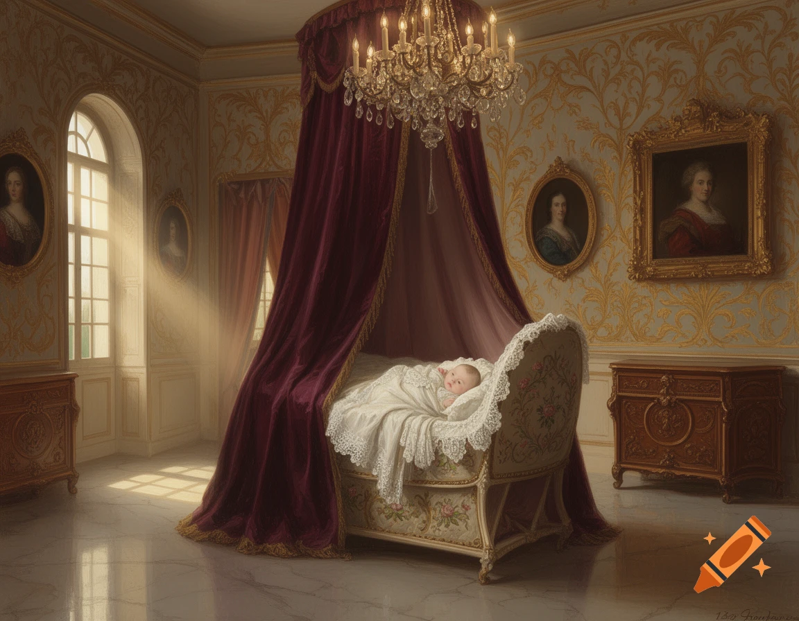 A baby sleeps in a grand, red canopy crib in a lavish baroque room with ...