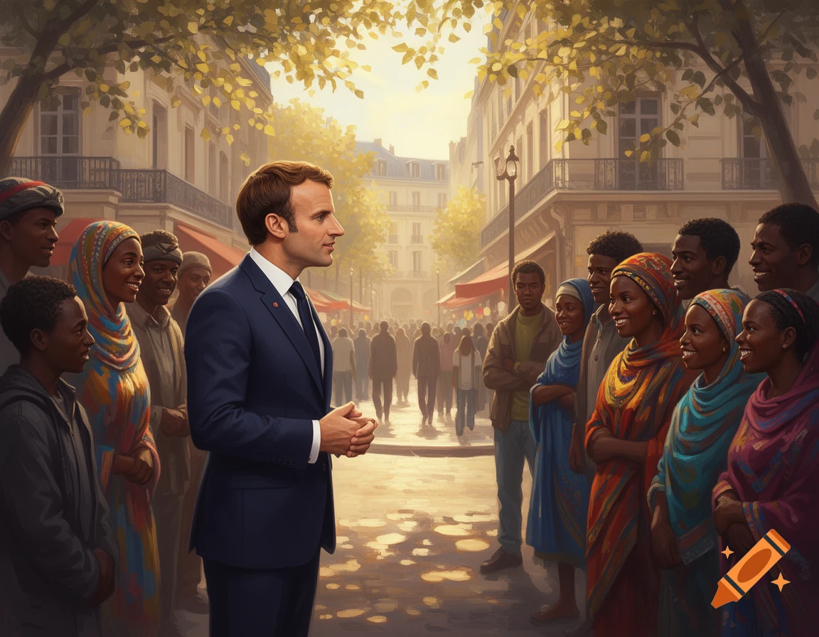 Painterly image of Emmanuel Macron in a suit, standing among a diverse ...