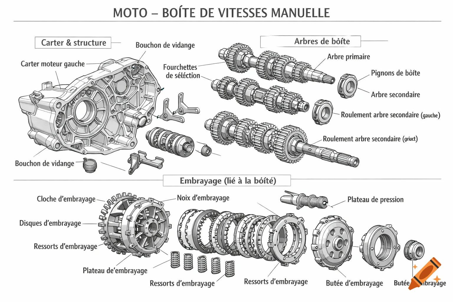 Exploded technical diagram of a motorcycle manual gearbox and clutch ...