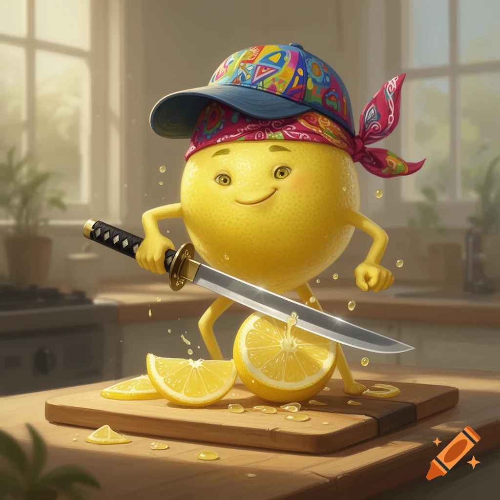 A cheerful cartoon lemon character in a colorful cap and bandana cuts a ...