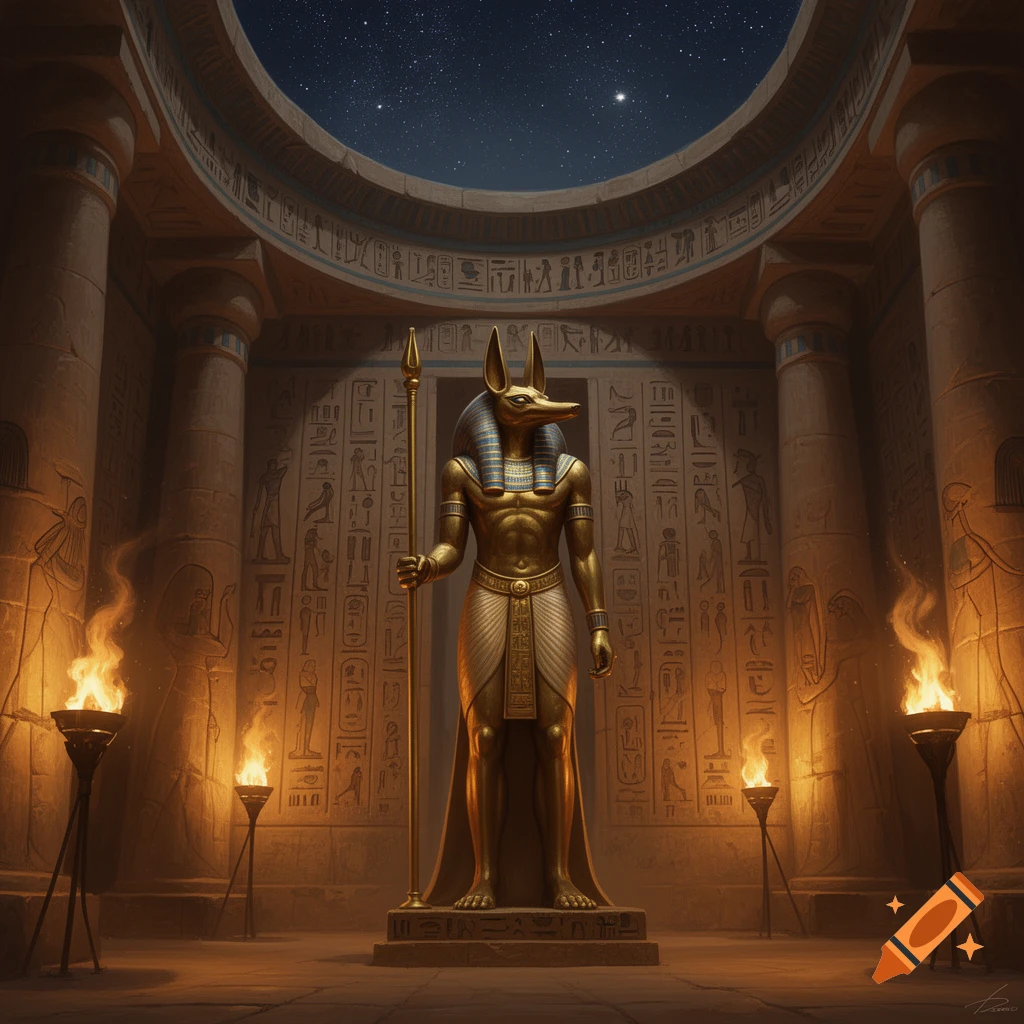 A golden statue of Anubis stands in an ancient Egyptian temple with ...