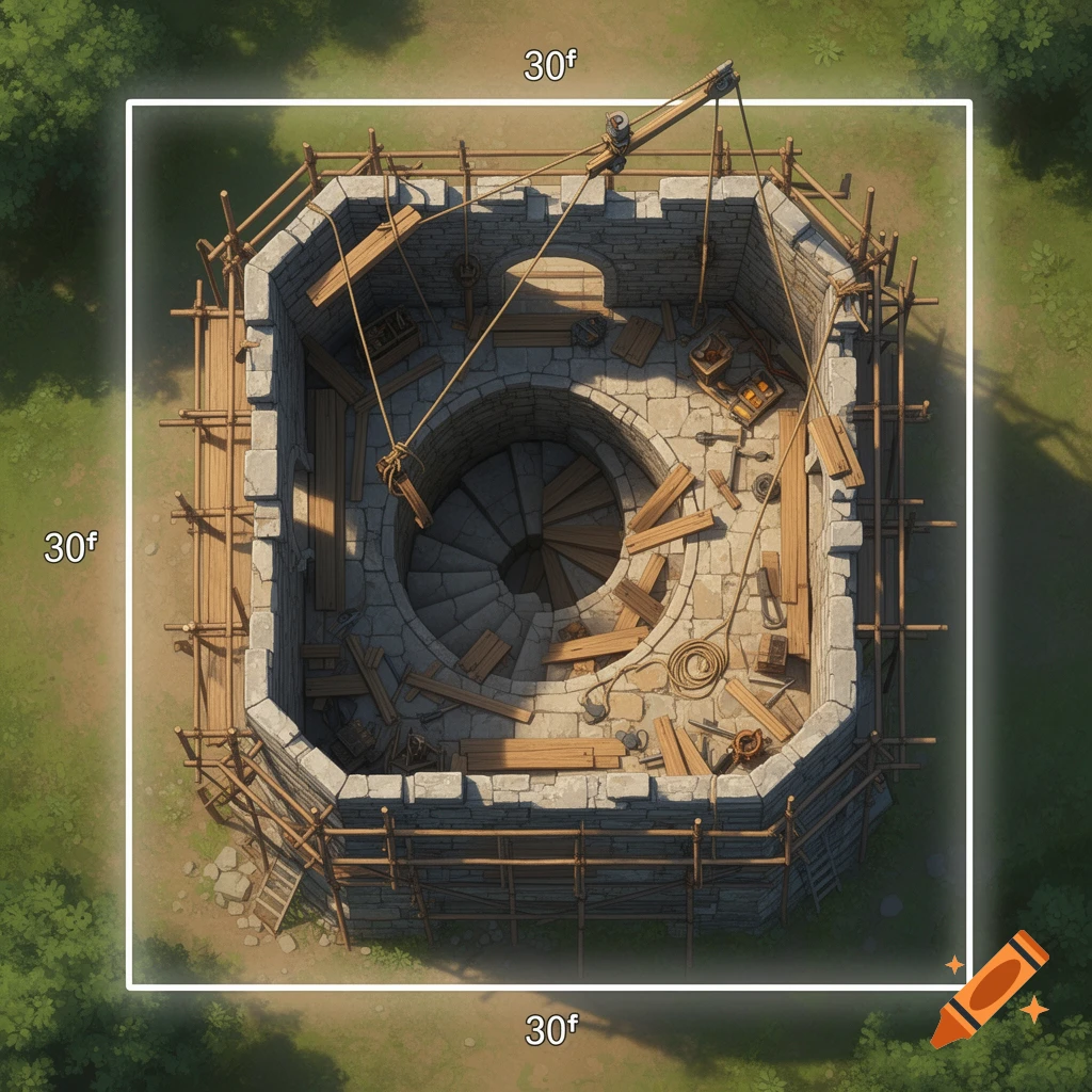 Top-down battle map of a square stone tower under repair, with ...