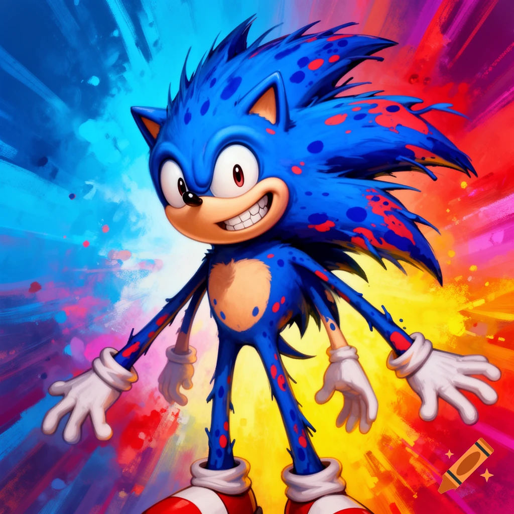 Ugly Sonic the Hedgehog grins widely, covered in blue and red speckles ...