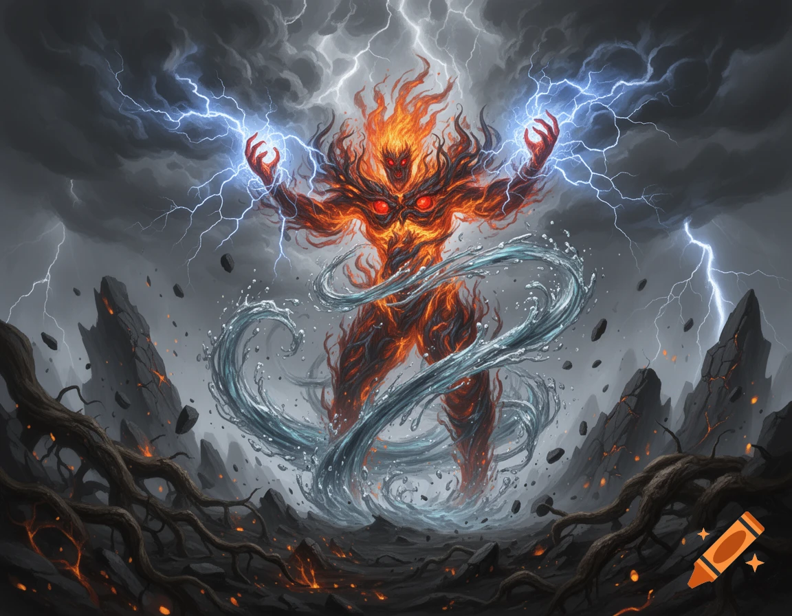 A fiery elemental creature with glowing red eyes conjures lightning ...