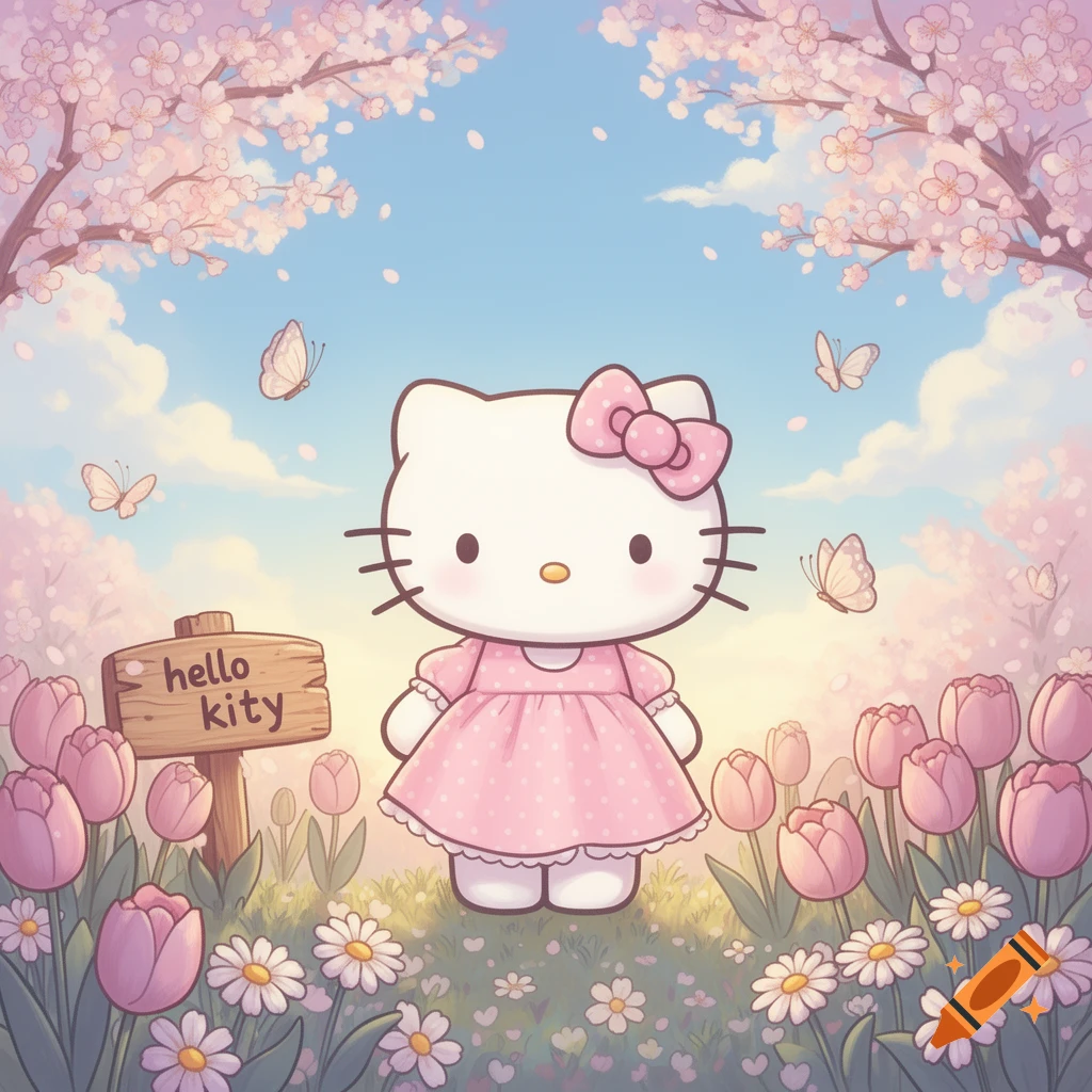 Hello Kitty in a pink polka-dot dress stands in a field of pink tulips ...