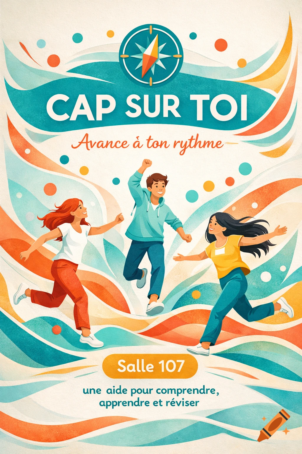 A vibrant, colorful poster showing three happy teenagers running and ...
