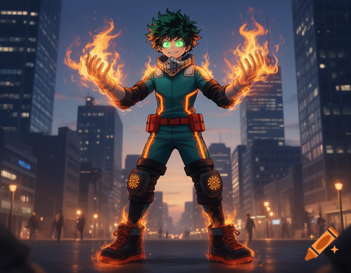 Anime character Izuku Midoriya in hero costume, generating fire from ...