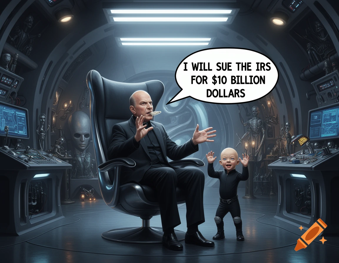 Dr. Evil in a black suit sits in a sci-fi lair with Mini-Me, a speech ...