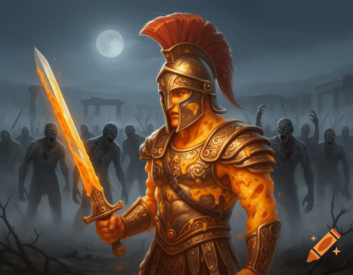 A warrior made of spicy queso in Greek armor, holding a glowing sword ...