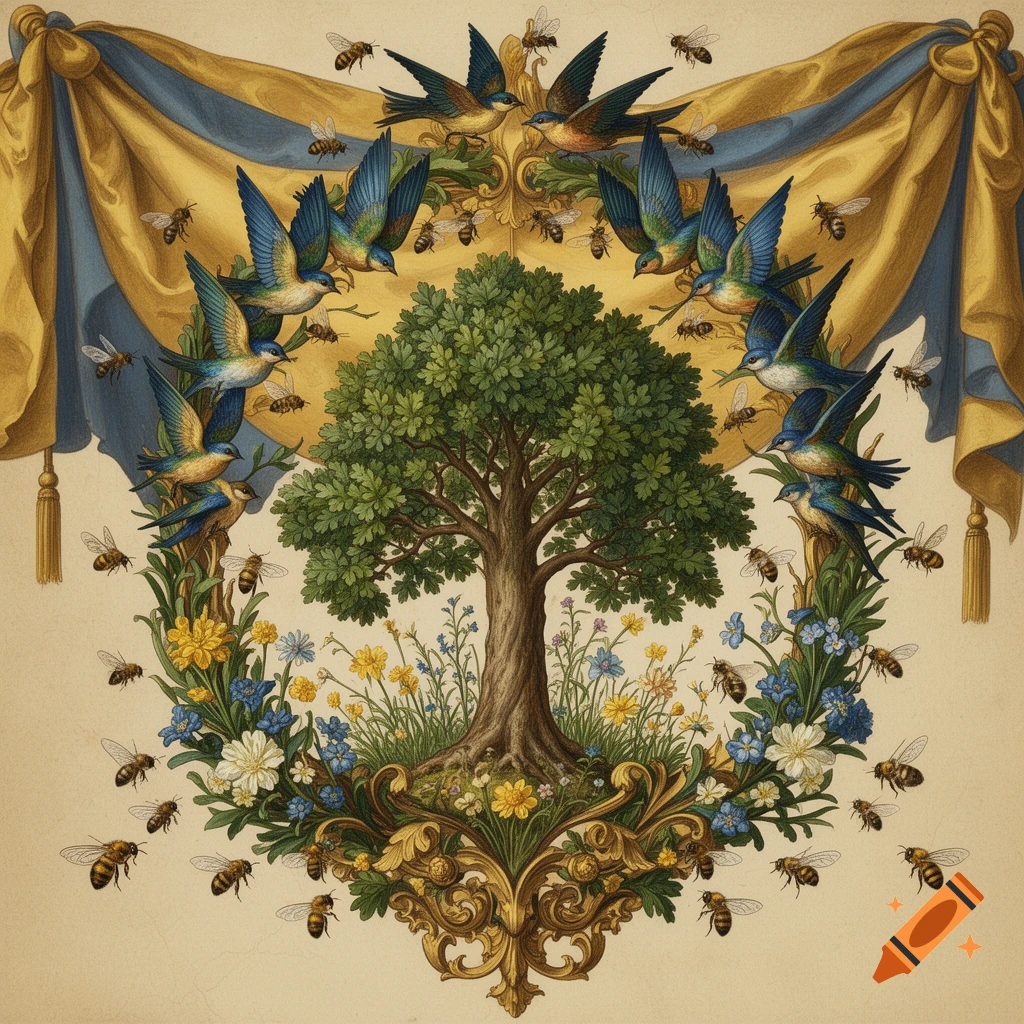 Intricate heraldic illustration featuring an ash tree, blue birds, and ...