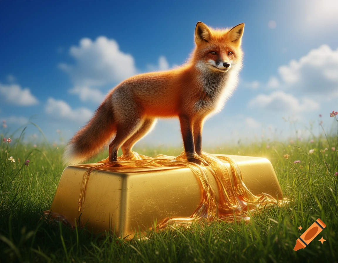 A photorealistic red fox stands on a melting gold bar in a sunny ...
