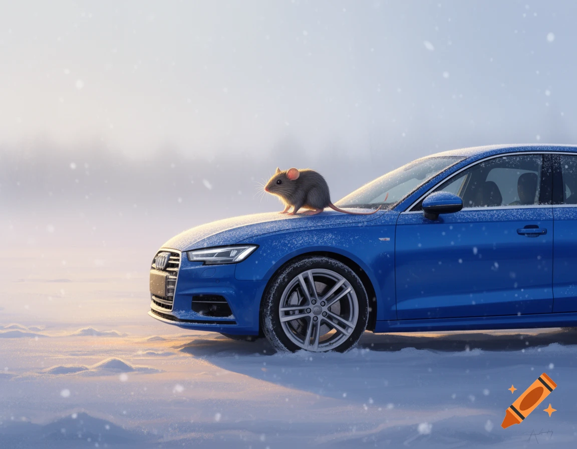 A mouse sits on the hood of a blue car in a snowy, photorealistic ...