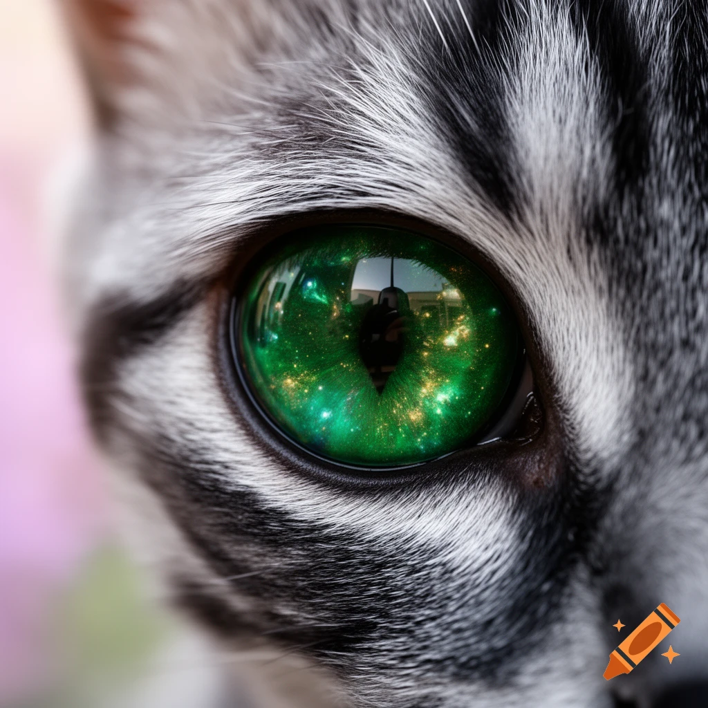 Close-up of a cat's eye with a vivid green iris containing a starry ...