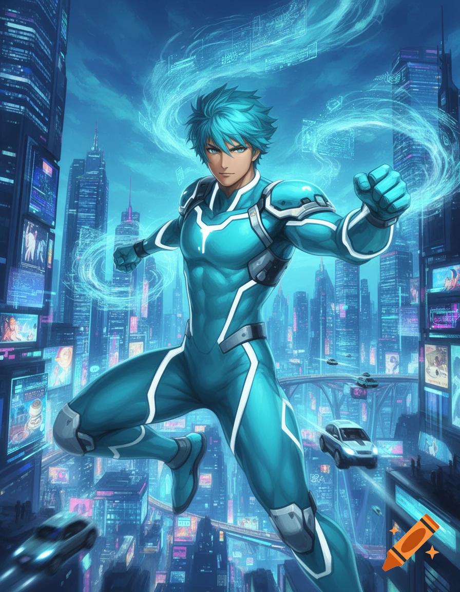 Anime-style hero in a blue and white suit leaps through a vibrant ...