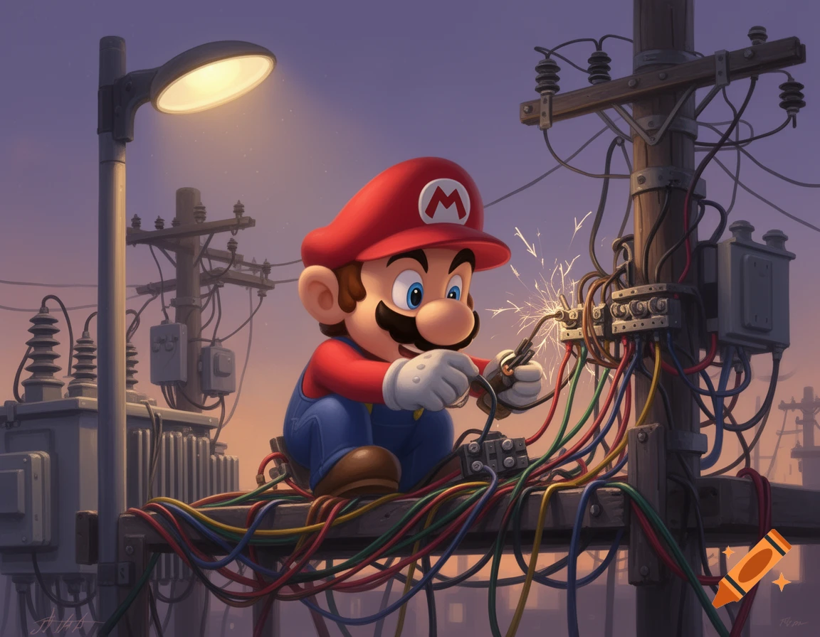 Mario, dressed as an electrician, fixes sparking electrical wires on a ...