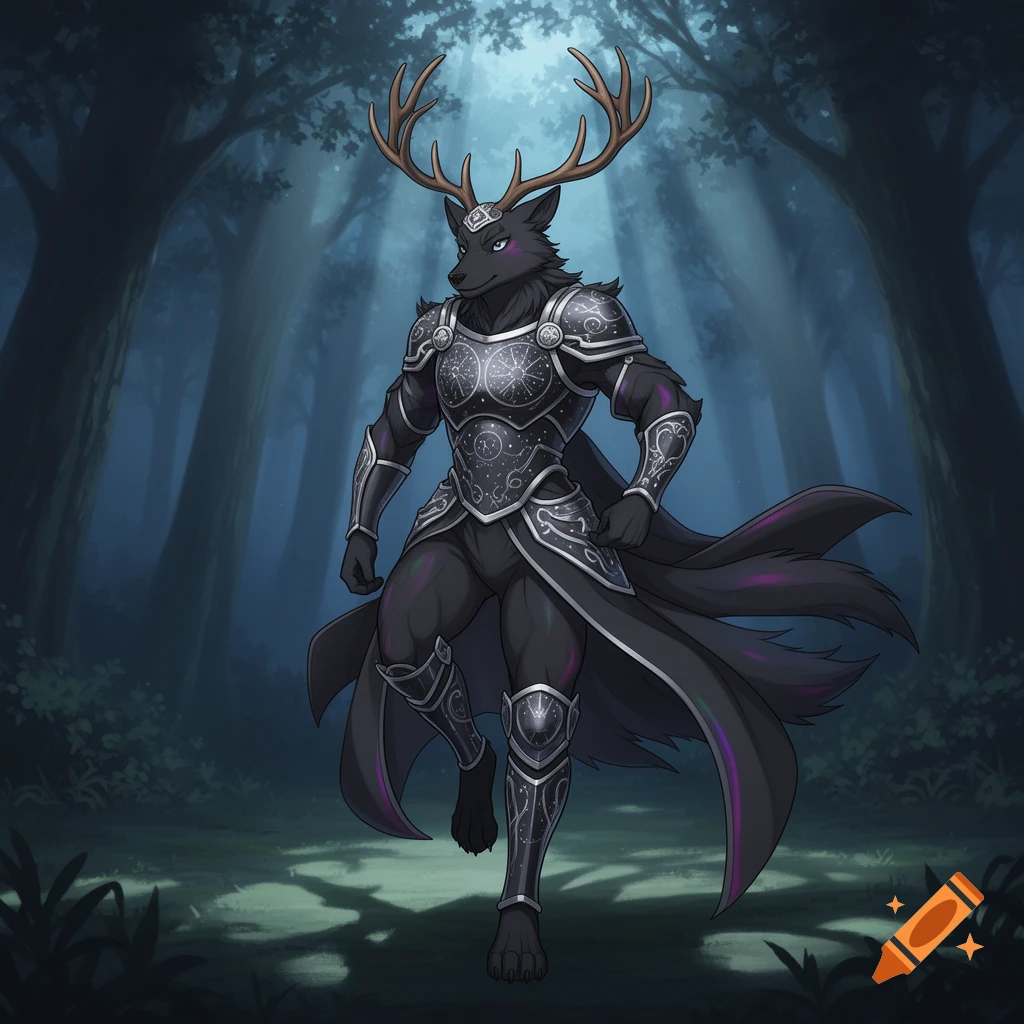 An anthropomorphic black wolf-like creature with deer antlers, wearing ...