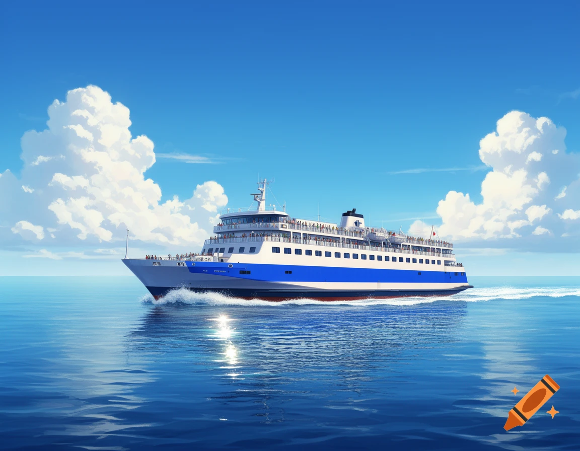 An anime-style illustration of a blue and white ferry sailing on calm ...