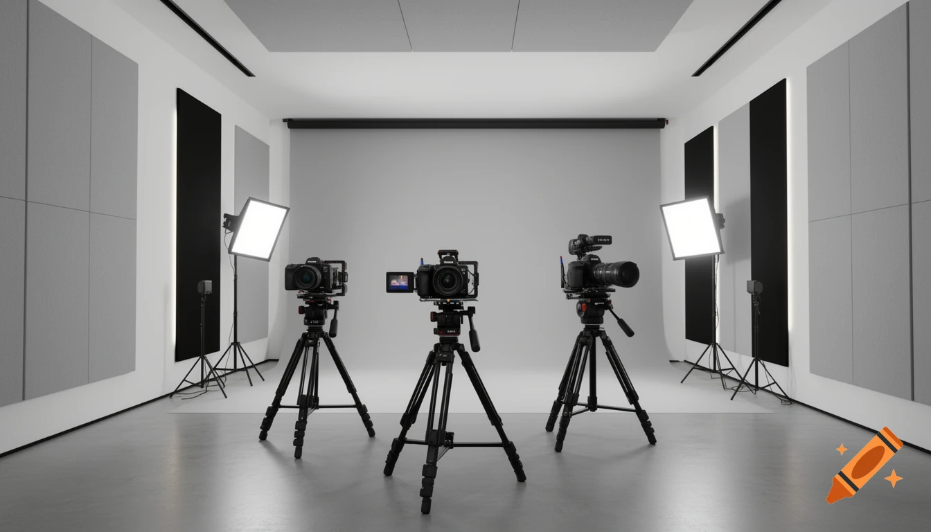 A modern, minimalist video studio with three professional cameras on ...