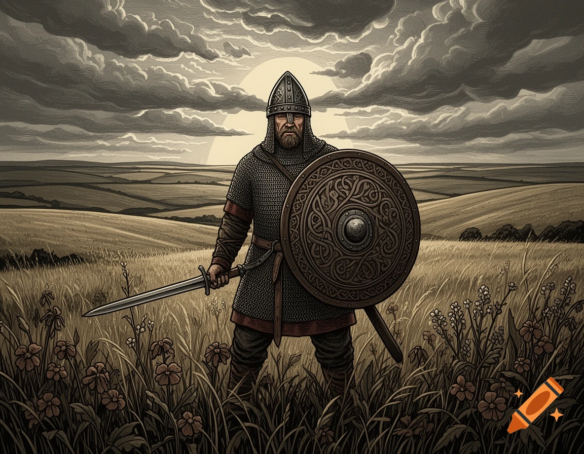 A woodcut illustration of an Anglo-Saxon warrior in chainmail holding a ...