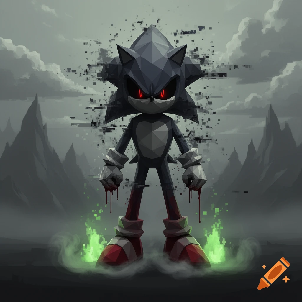 A dark, polygon-style Sonic.exe character with glowing red eyes ...