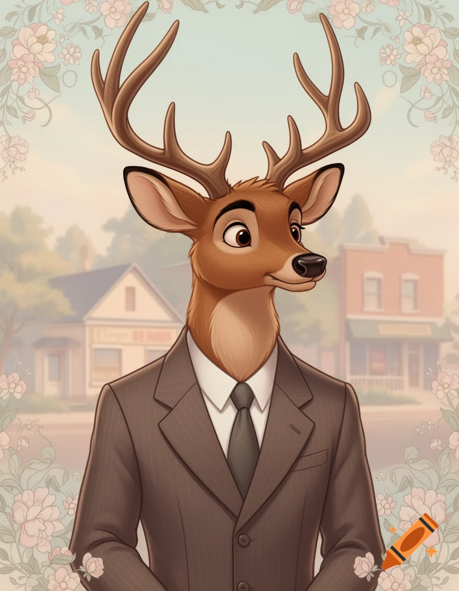 A Disney-style cartoon features an anthropomorphic buck deer in a brown ...