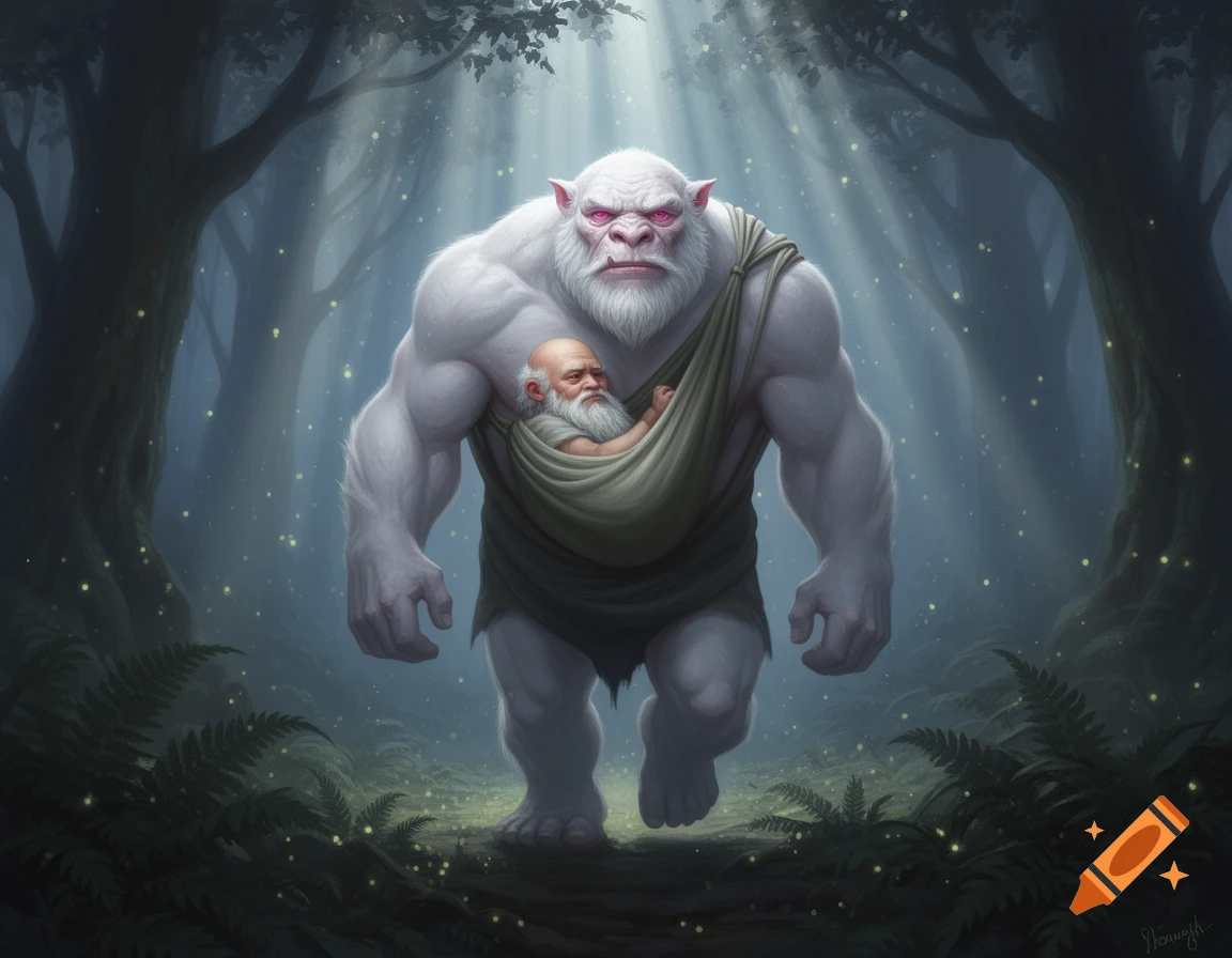 A massive, white, ogre-like creature carries an old man in a papoose ...