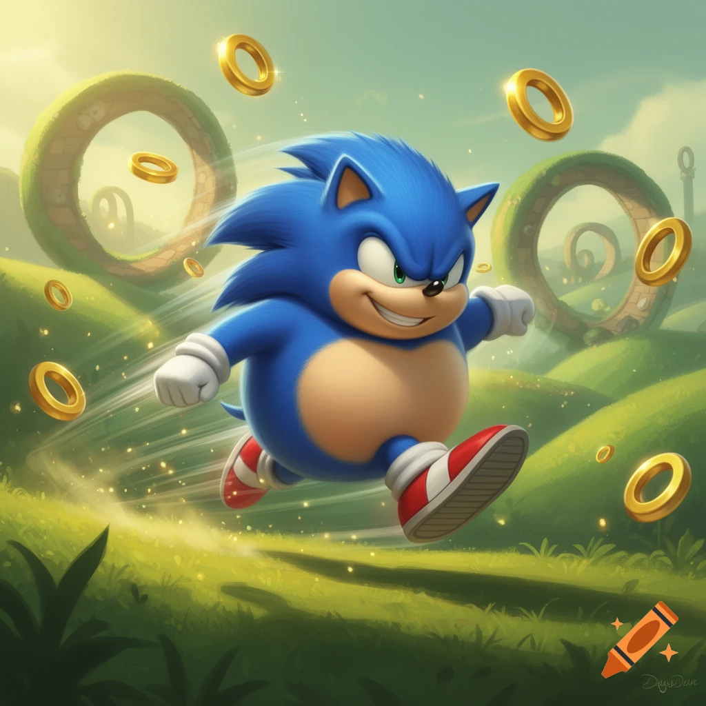 A fat Sonic the Hedgehog runs through a vibrant green landscape with ...