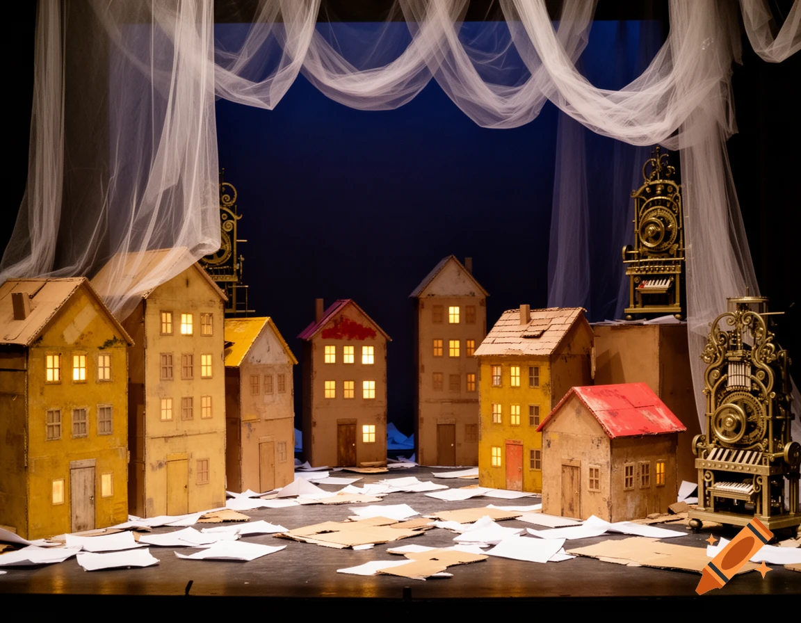 A theatrical set with cardboard houses and buildings lit from within ...