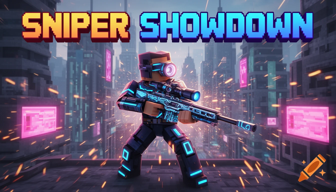 A blocky character in futuristic armor with a glowing sniper rifle ...