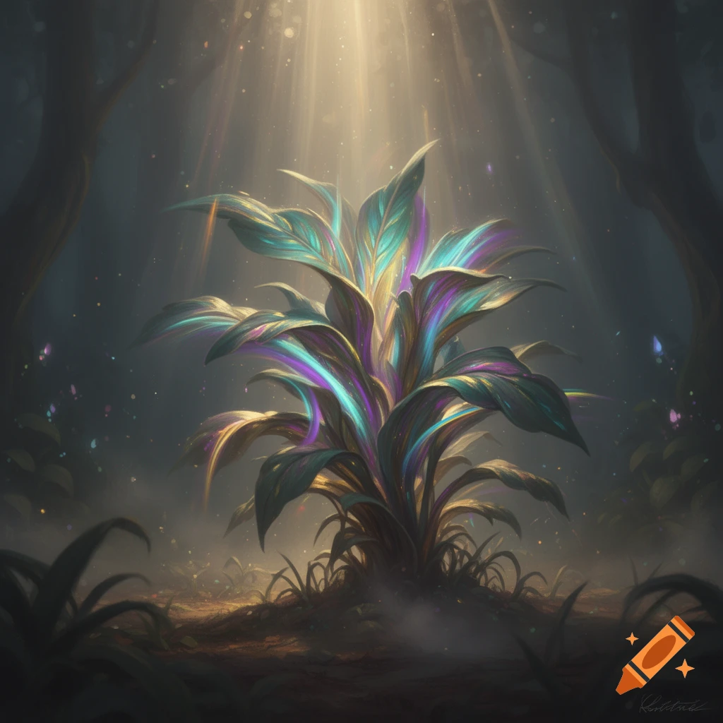 A vibrant, iridescent plant glows under a sunbeam in a dark, ethereal ...