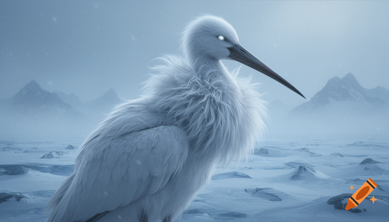 Photorealistic white fluffy cryptid bird with glowing eyes in a snowy ...