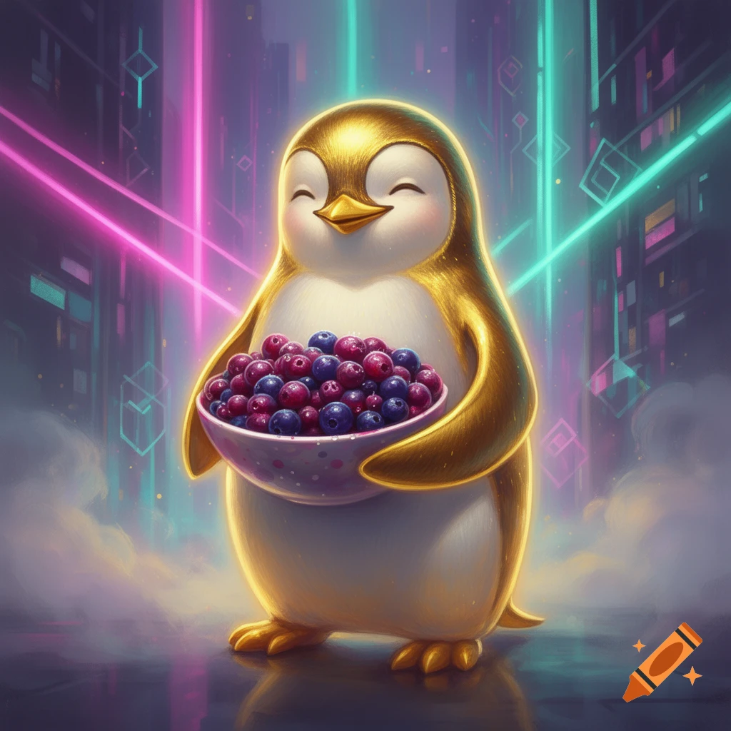 A smiling golden penguin holds a bowl of berries in front of a neon ...